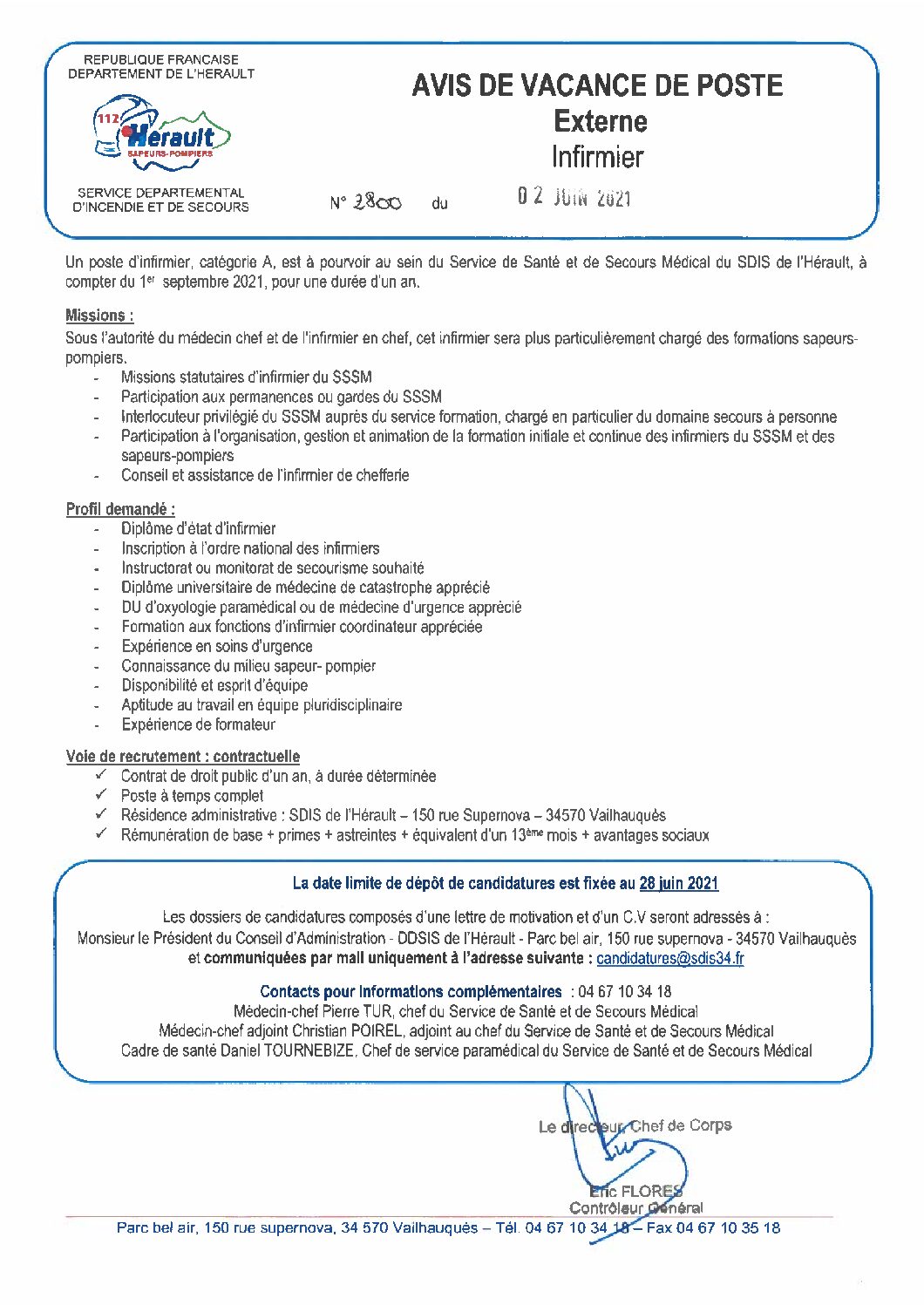 2021 09 01 Av Infirmier Au Sssm Externe Cdd 1 An | SDIS34