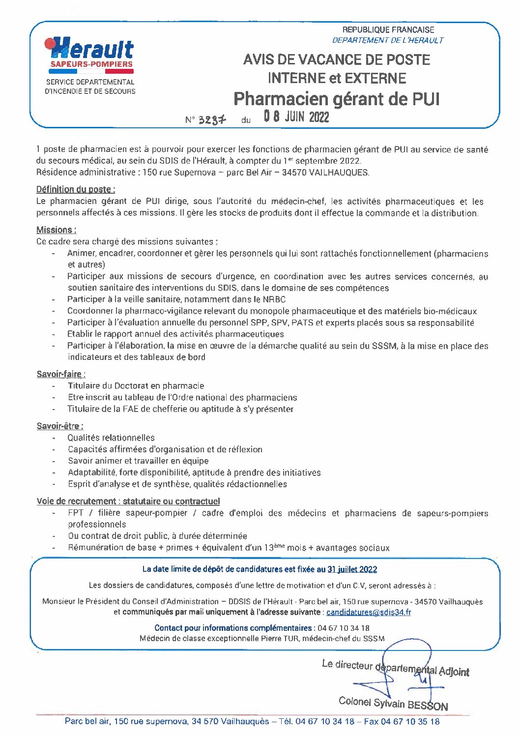 2022 09 01 Av Pharmacien Gerant De Pui Sssm | SDIS34